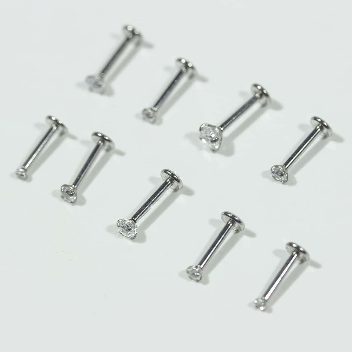 10Pcs 16G 18G 20G Threadless Push in Lip Rings Studs, CZ Lip Studs Stainless Steel Cartilage Earrings for Women, Stainless Steel, cubic zirconia