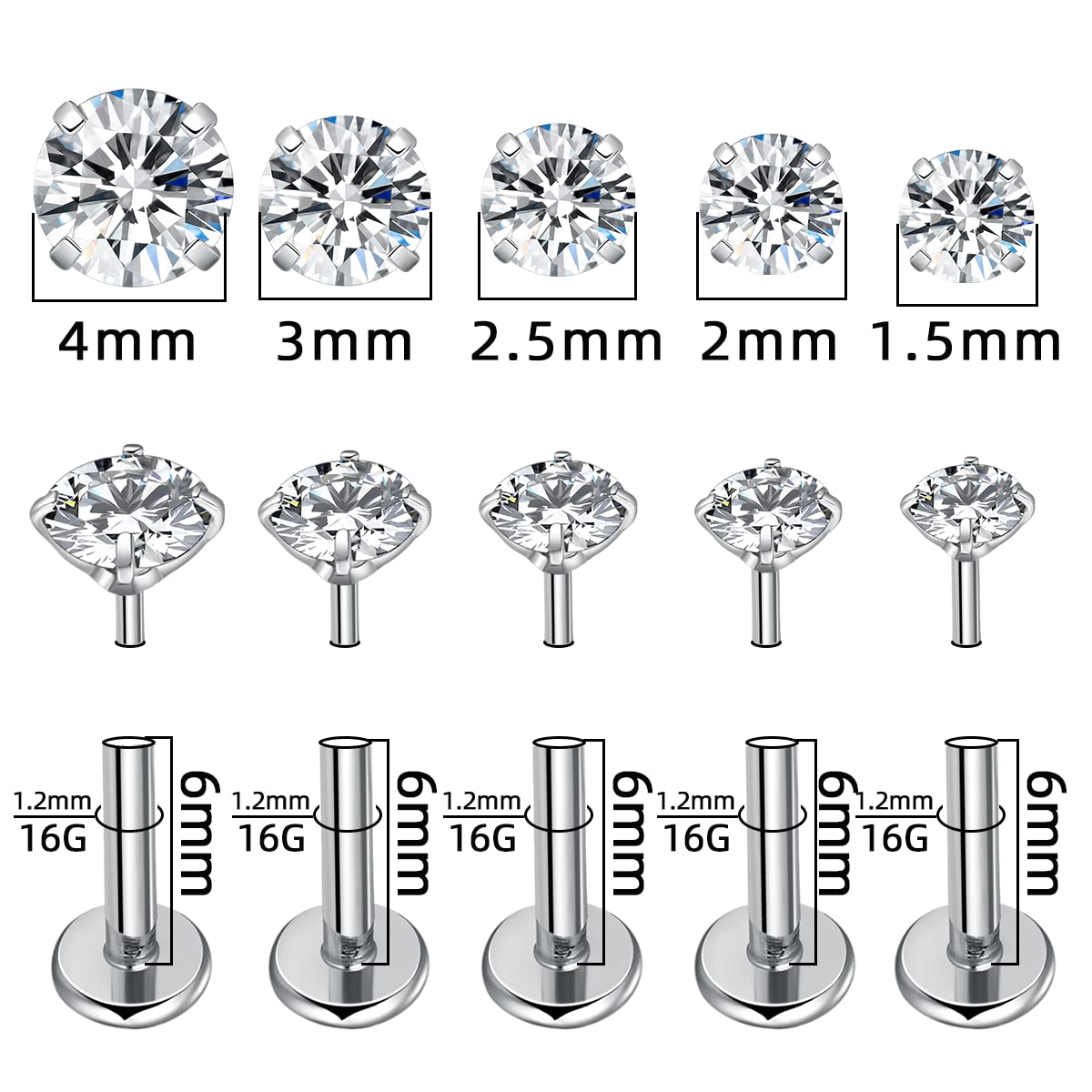 10Pcs 16G 18G 20G Threadless Push in Lip Rings Studs, CZ Lip Studs Stainless Steel Cartilage Earrings for Women, Stainless Steel, cubic zirconia