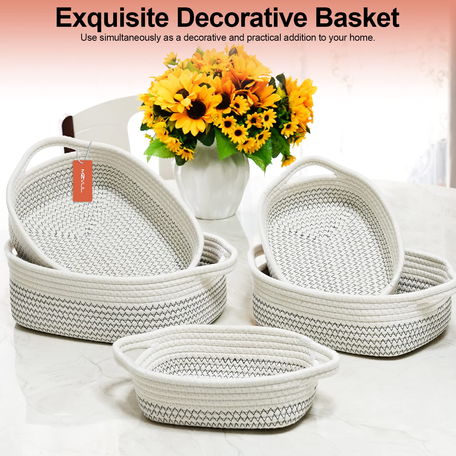 MZVUL Cotton Rope Storage Basket, 5 PCS Woven Baskets for Organizing, Dog Toy Storage Small Baskets, Cuboid Woven Storage Basket with Handles for Baby Nursery, Bathroom Organizer Bins (Black Stripe)