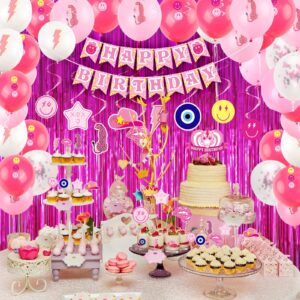 114 Pcs Preppy Birthday Decorations, Preppy Party Decorations, Preeppy Happy Birthday Banner, Preppy Balloons, Cute Preppy Stickers Hanging Swirls Cupcake Toppers Sparkling Fringe Curtain