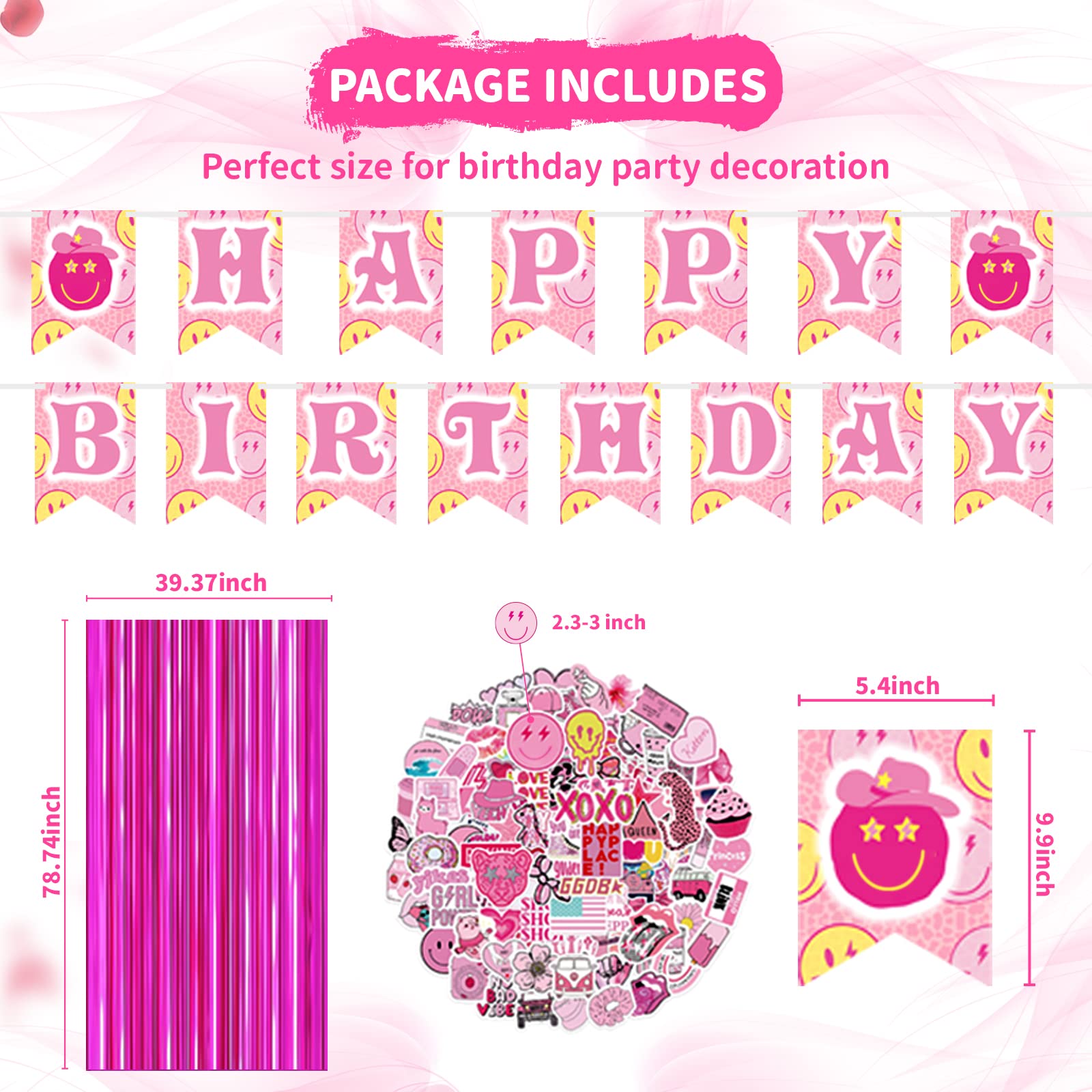 114 Pcs Preppy Birthday Decorations, Preppy Party Decorations, Preeppy Happy Birthday Banner, Preppy Balloons, Cute Preppy Stickers Hanging Swirls Cupcake Toppers Sparkling Fringe Curtain