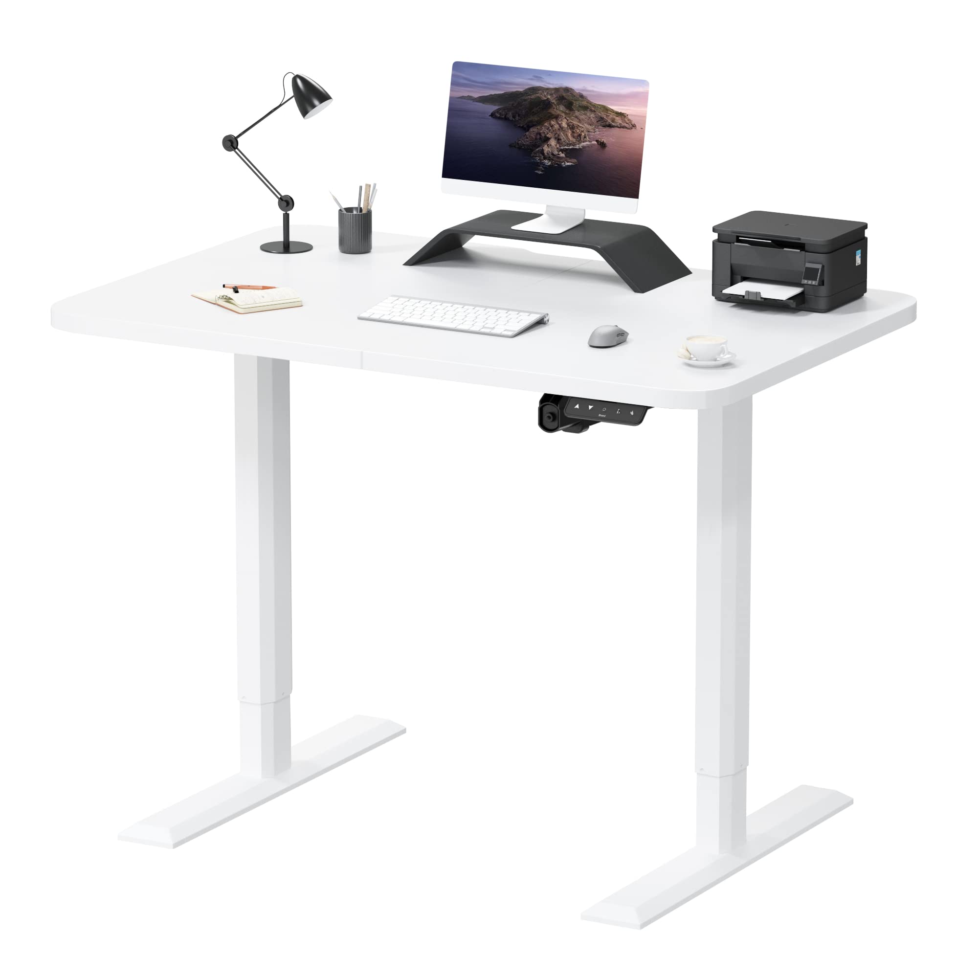 JUMMICO Standing Desk Electric Adjustable Desk Large 44 x 24 Sit Stand Up Desk Home Office Computer Desk Memory Preset with T-Shaped Metal Bracket and Holes for Routing Cables, White