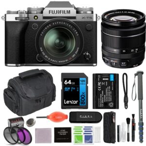 fujifilm x-t5 mirrorless digital camera with xf18-55mm lens bundle with extra battery + monopod + 64gb sd card + more | usa authorized with fujifilm warranty | fuji x-t5