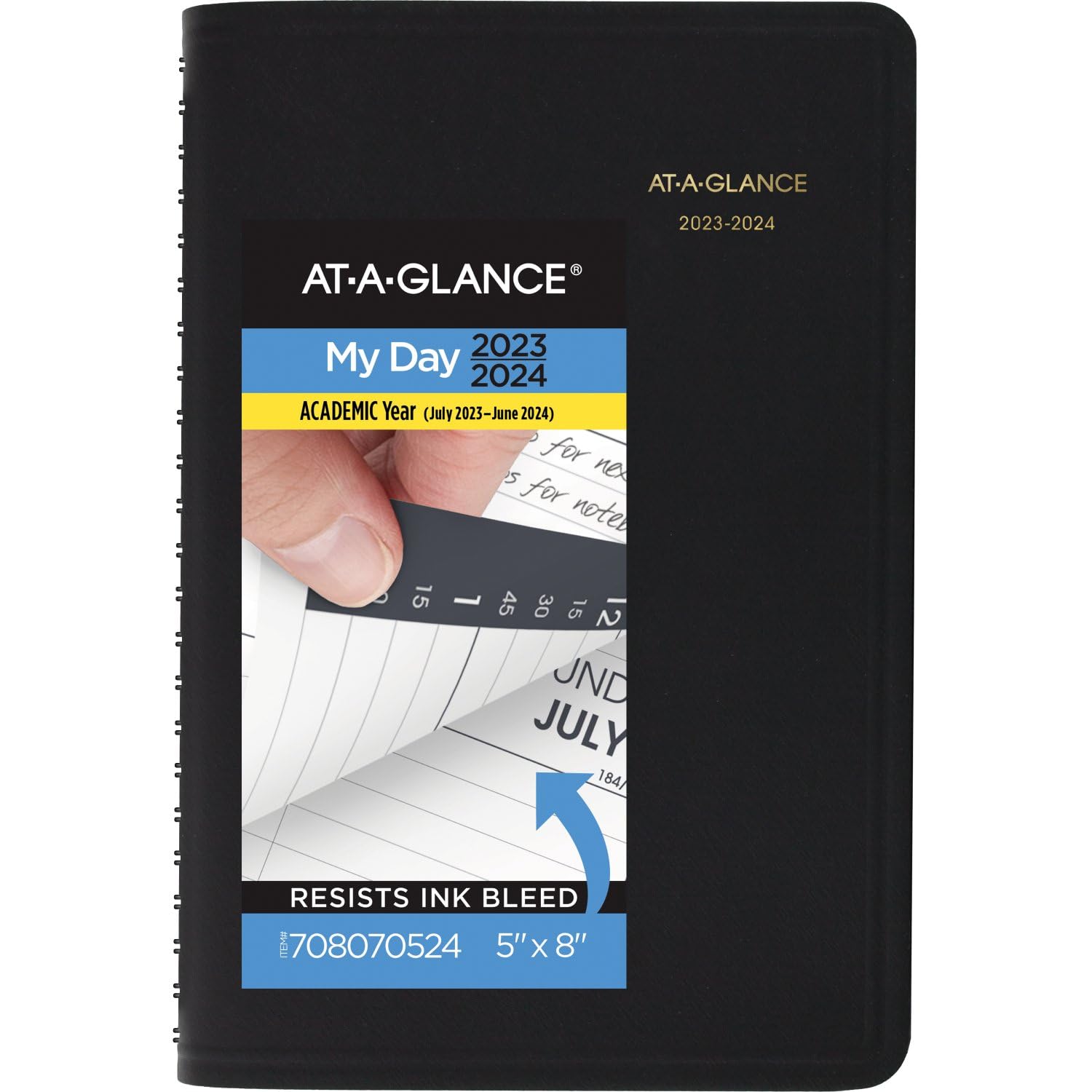 AT-A-GLANCE 2023-2024 Academic Planner, Daily, Quarter-Hourly Appointment Book, 5" x 8", Small, Pocket, Flexible Cover, Black (7080705)