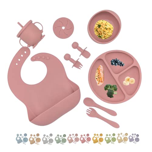 Baby Led Weaning 10 Piece Feeding Eating Supplies | Strong Suction Plate Silicone Cup Snack Lid Drink Lid with Straw Silicone Suction Bowl Bib Spoons Forks Baby Tableware Set 6MonthsToddler(PeachPink)