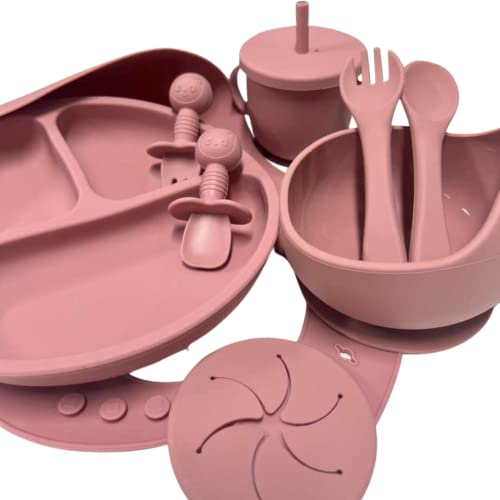 Baby Led Weaning 10 Piece Feeding Eating Supplies | Strong Suction Plate Silicone Cup Snack Lid Drink Lid with Straw Silicone Suction Bowl Bib Spoons Forks Baby Tableware Set 6MonthsToddler(PeachPink)