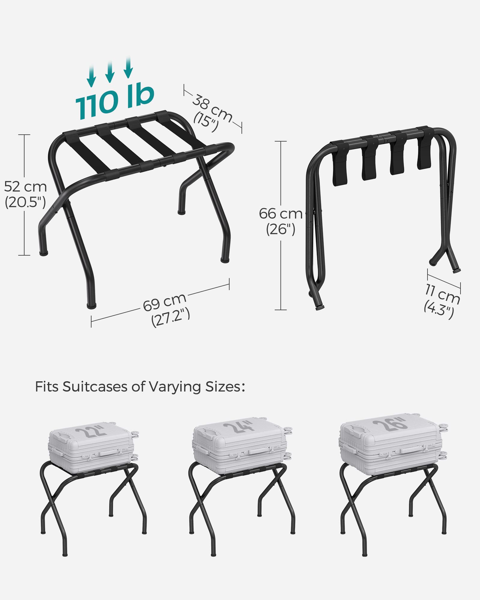 SONGMICS Luggage Rack for Guest Room, Set of 2 Suitcase Stands, Foldable Steel Frame, for Hotel, Bedroom, Holds up to 110 lb, 27.2 x 15 x 20.5 Inches, Black URLR001B02