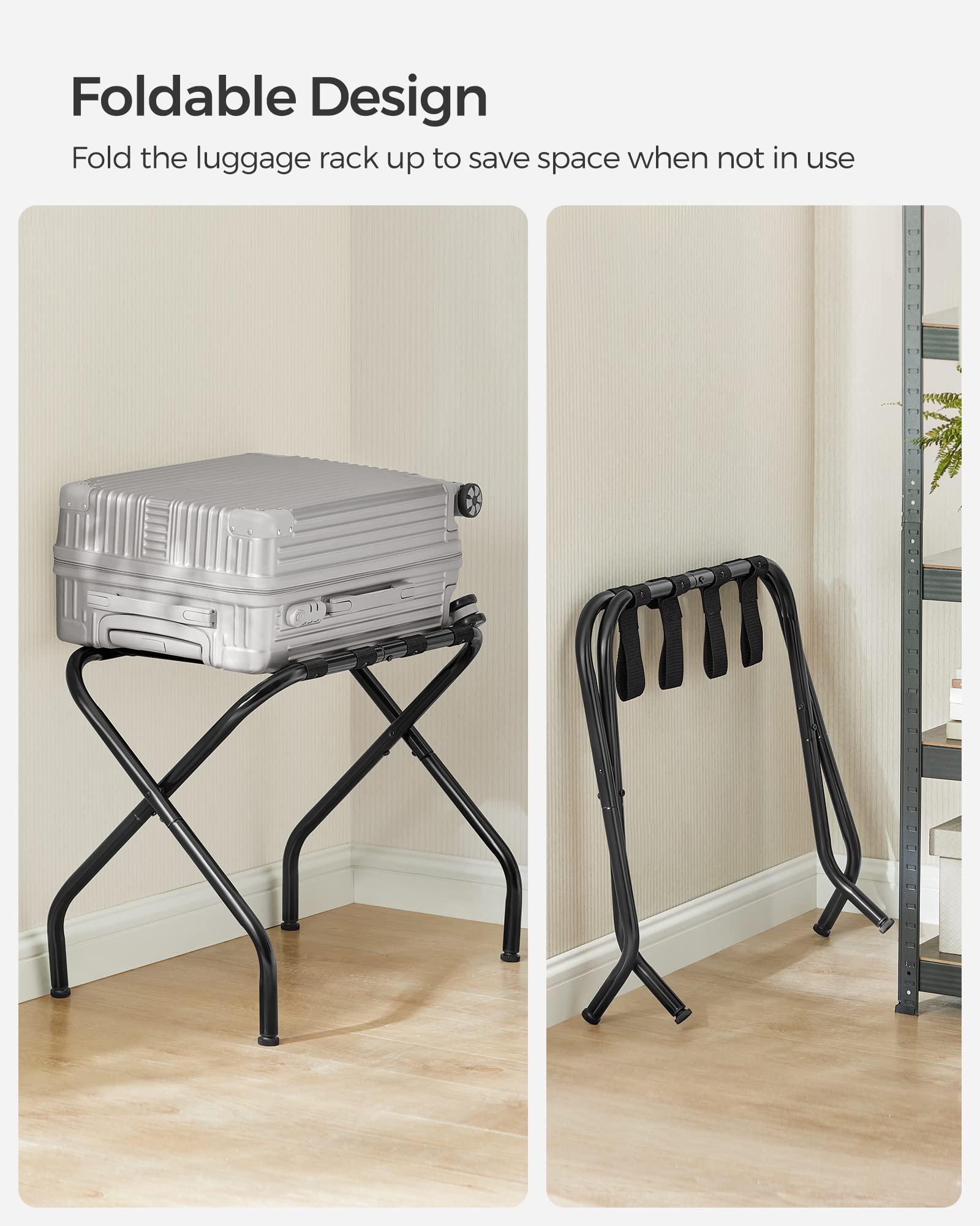 SONGMICS Luggage Rack for Guest Room, Set of 2 Suitcase Stands, Foldable Steel Frame, for Hotel, Bedroom, Holds up to 110 lb, 27.2 x 15 x 20.5 Inches, Black URLR001B02