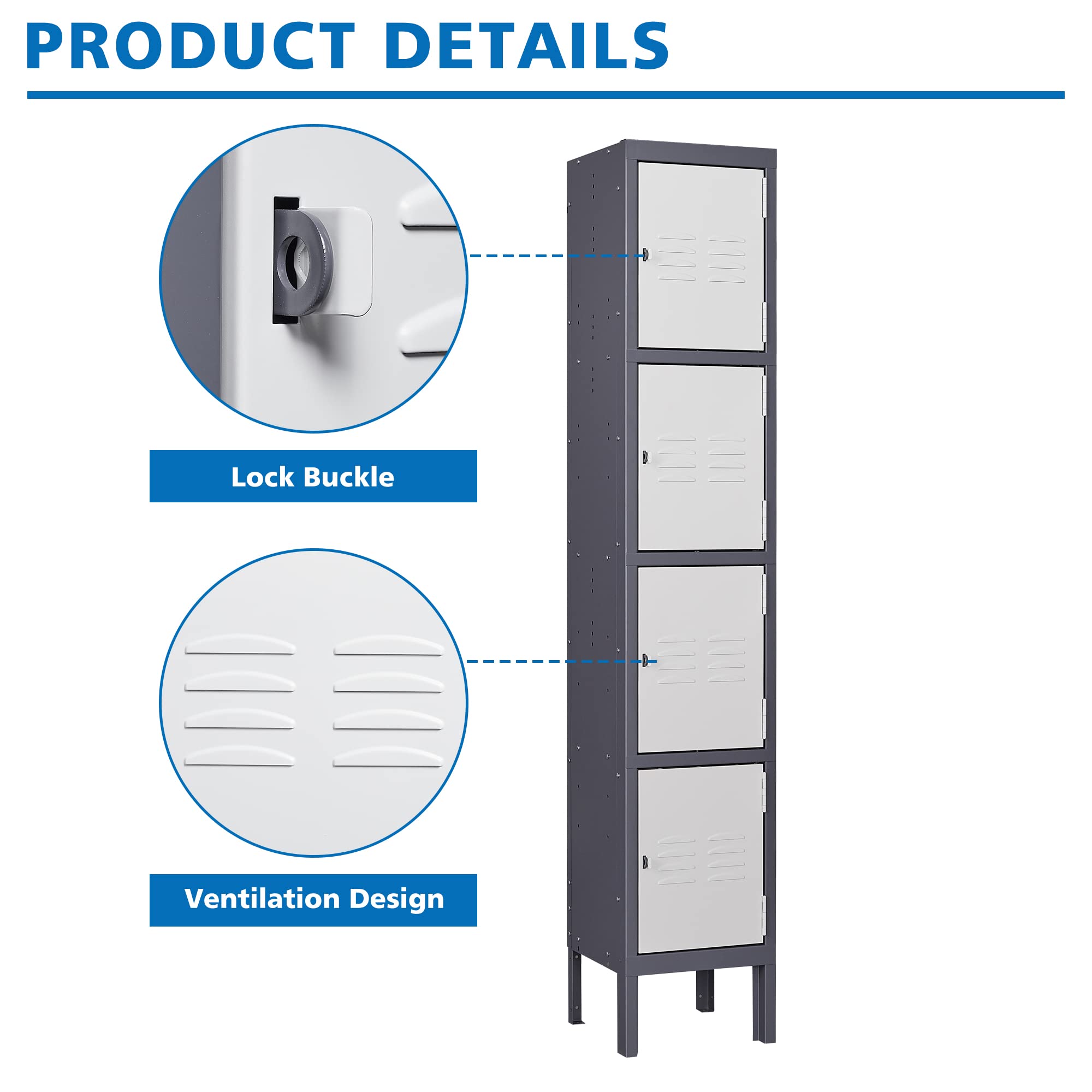 BYNSOE Metal Locker with 4 Door Employees Locker 4-Tier Storage Cabinet Locker for School Gym Office Hospital Steel Storage Locker (Grey White4)