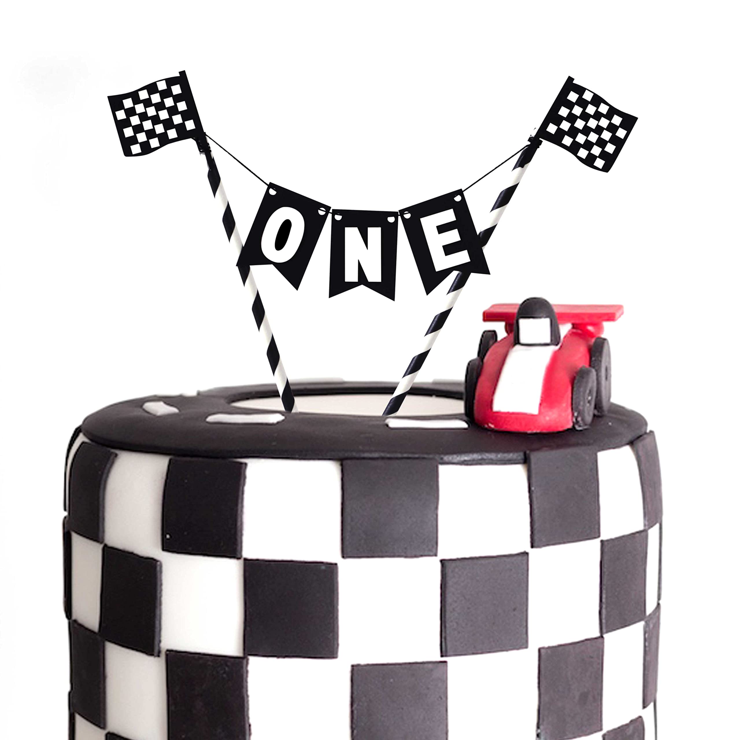 Race Flag Cake Topper - Race Car First Birthday Party Decorations ,Racing Themed Birthday. Fast One Birthday Party Supplies (RACE FLAG CT)