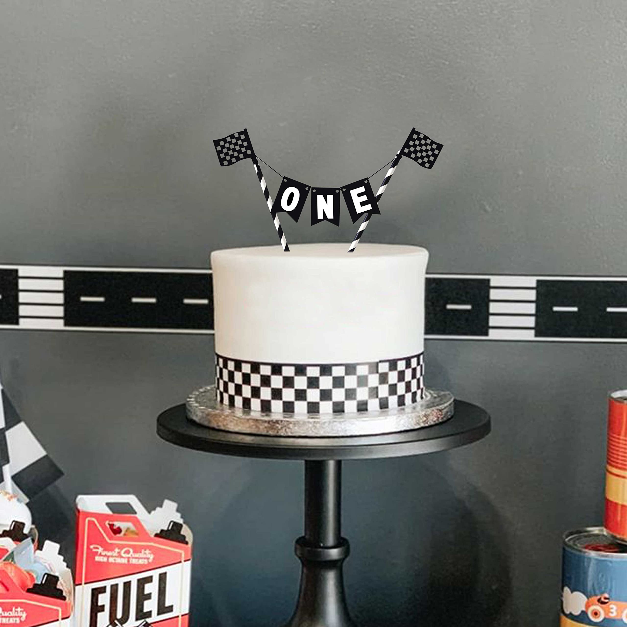 Race Flag Cake Topper - Race Car First Birthday Party Decorations ,Racing Themed Birthday. Fast One Birthday Party Supplies (RACE FLAG CT)