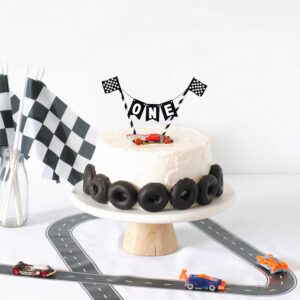 Race Flag Cake Topper - Race Car First Birthday Party Decorations ,Racing Themed Birthday. Fast One Birthday Party Supplies (RACE FLAG CT)