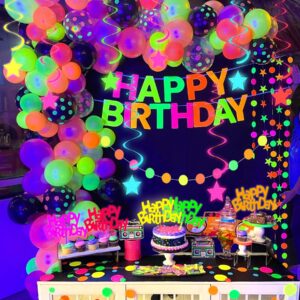 Glow in The Dark Birthday Party Decorations Supplies, Neon Birthday Party Decorations with Neon Balloons Garland,Porch Party Sign Let's Glow Crazy for Glow in The Dark Party supplies, Neon Party Decor