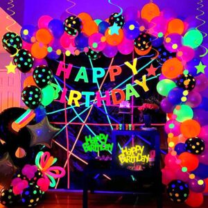 Glow in The Dark Birthday Party Decorations Supplies, Neon Birthday Party Decorations with Neon Balloons Garland,Porch Party Sign Let's Glow Crazy for Glow in The Dark Party supplies, Neon Party Decor