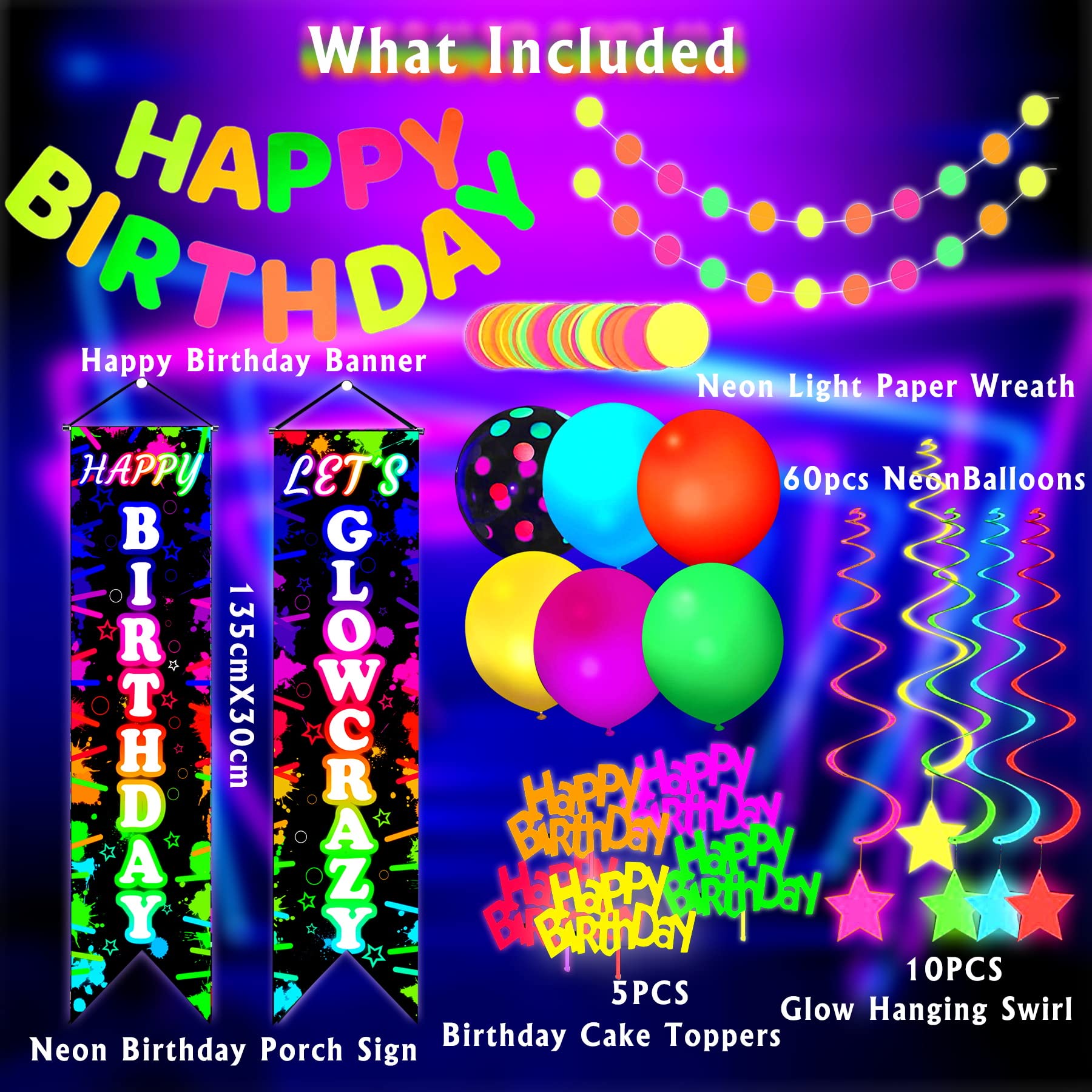 Glow in The Dark Birthday Party Decorations Supplies, Neon Birthday Party Decorations with Neon Balloons Garland,Porch Party Sign Let's Glow Crazy for Glow in The Dark Party supplies, Neon Party Decor