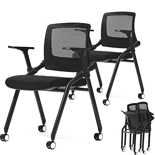 FYLICA Foldable Office Chair Set of 2 with PU Wheels and Sliding Armrest-Ergonomic Mesh Bouncing Back, Stackable Conference Room Chair, Office Guest & Reception & Meeting Chair (Black)