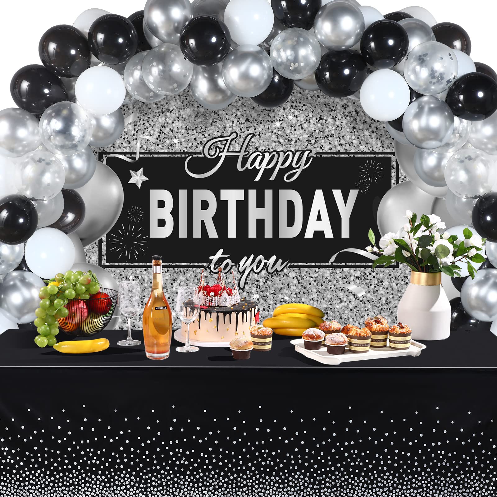 Birthday Party Decorations Confetti Balloons Kit Happy Birthday Photography Backdrop Banner Tablecloths for Boys Girls Men Women Birthday Party Supplies Decor (Black and Silver)