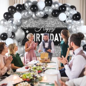 Birthday Party Decorations Confetti Balloons Kit Happy Birthday Photography Backdrop Banner Tablecloths for Boys Girls Men Women Birthday Party Supplies Decor (Black and Silver)