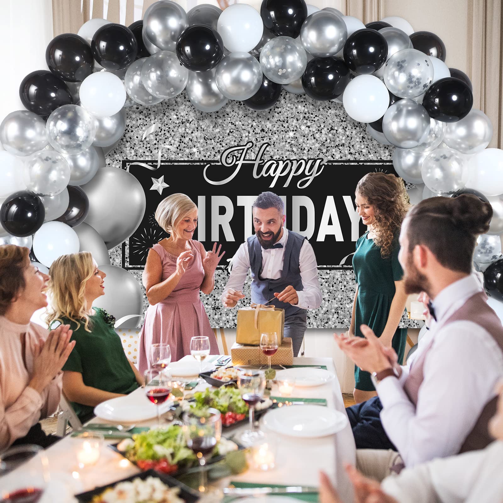 Birthday Party Decorations Confetti Balloons Kit Happy Birthday Photography Backdrop Banner Tablecloths for Boys Girls Men Women Birthday Party Supplies Decor (Black and Silver)