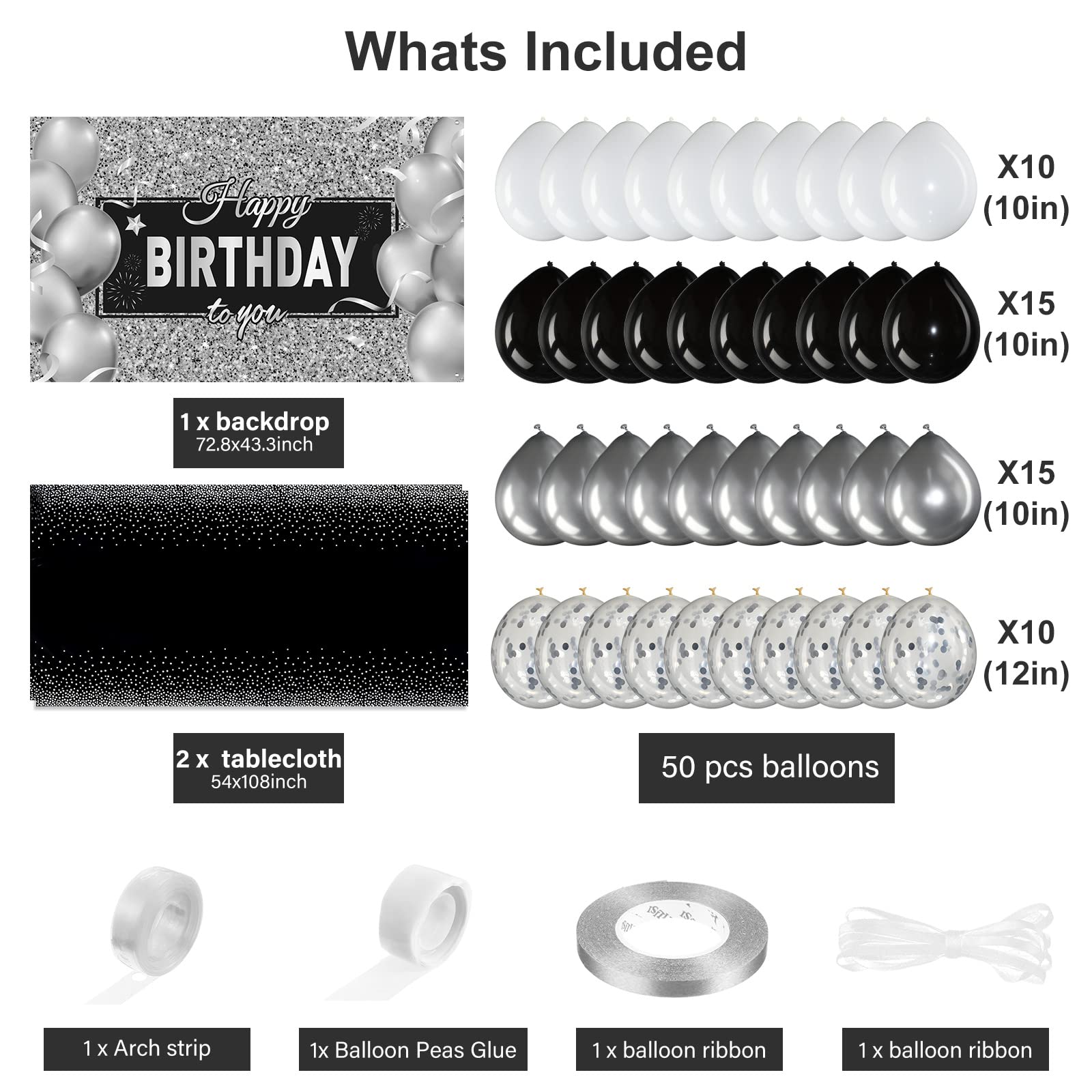 Birthday Party Decorations Confetti Balloons Kit Happy Birthday Photography Backdrop Banner Tablecloths for Boys Girls Men Women Birthday Party Supplies Decor (Black and Silver)