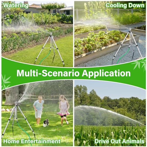 Heavy Duty Impact Sprinkler on Tripod Base, Tripod Sprinkler for Yard Large Area, Extra Tall 360 Degree Rotating Lawn Sprinkler with Brass Nozzle, Waters Up to 90 Ft,Legs Extend Up to 50"