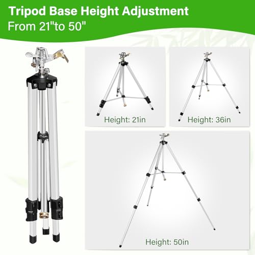 Heavy Duty Impact Sprinkler on Tripod Base, Tripod Sprinkler for Yard Large Area, Extra Tall 360 Degree Rotating Lawn Sprinkler with Brass Nozzle, Waters Up to 90 Ft,Legs Extend Up to 50"