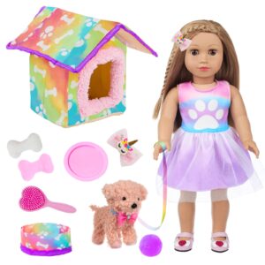 dotvosy american 18 inch doll's clothes and accessories pets dog play sets for 18" doll included dress,pets dog,pet nest, toy ball, hair comb