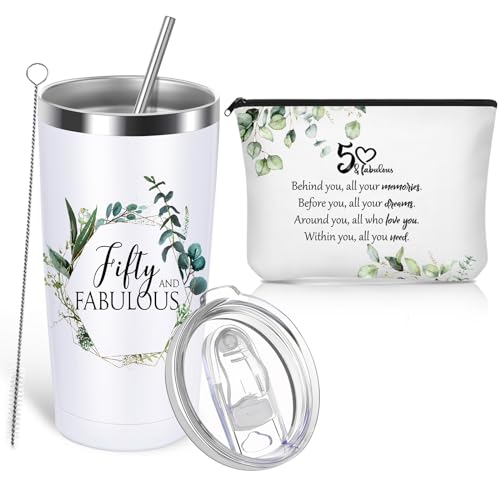 50th Birthday Gifts for Women 2 Pieces 50 and Fabulous Gifts for Women Including 20 oz Wine Stainless Steel Tumbler with Lid Straw Fabulous Makeup Bag for Turning 50 Year Old Woman Mother Ladies