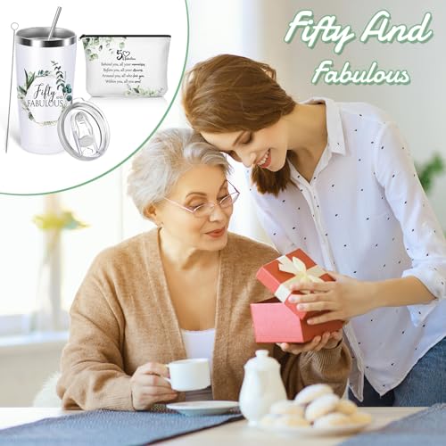 50th Birthday Gifts for Women 2 Pieces 50 and Fabulous Gifts for Women Including 20 oz Wine Stainless Steel Tumbler with Lid Straw Fabulous Makeup Bag for Turning 50 Year Old Woman Mother Ladies