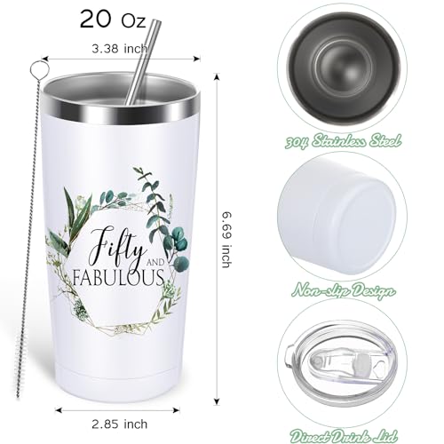 50th Birthday Gifts for Women 2 Pieces 50 and Fabulous Gifts for Women Including 20 oz Wine Stainless Steel Tumbler with Lid Straw Fabulous Makeup Bag for Turning 50 Year Old Woman Mother Ladies