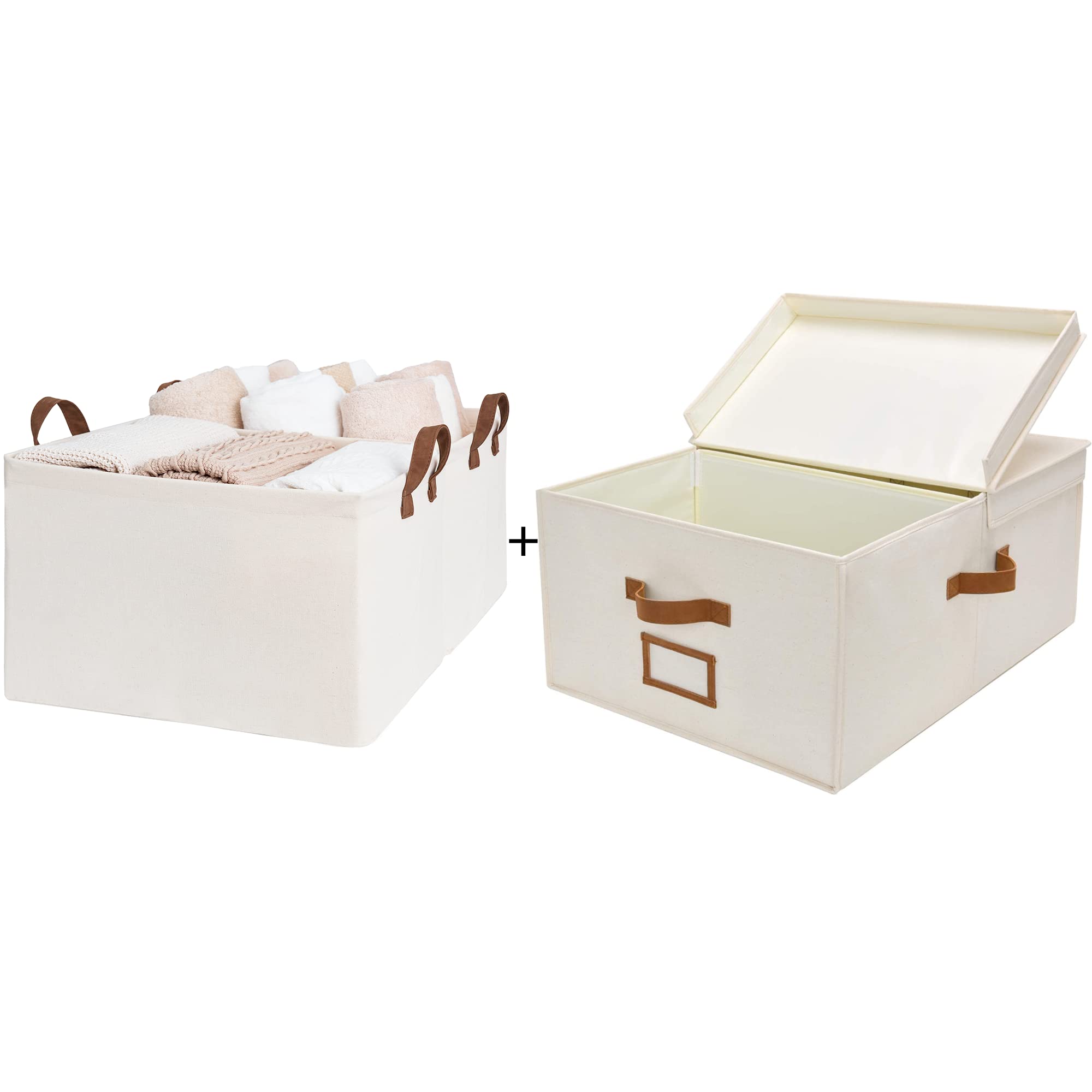 StorageWorks 45L Extra Large Fabric Storage Bins with PU Handles 2-pack, 55L Storage Bin, Decorative Closet Storage Box with Double-Open Lid