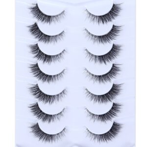 wleec beauty lashes cat eye, short false eyelashes natural look with clear band, 12mm wispy eye lashes fluffy (7 pairs, black, cc95)