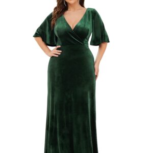 Ever-Pretty Women's Trumpet Short Sleeve Plus Size Velvet Formal Dinne Party Dress Dark Green US18