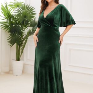 Ever-Pretty Women's Trumpet Short Sleeve Plus Size Velvet Formal Dinne Party Dress Dark Green US18