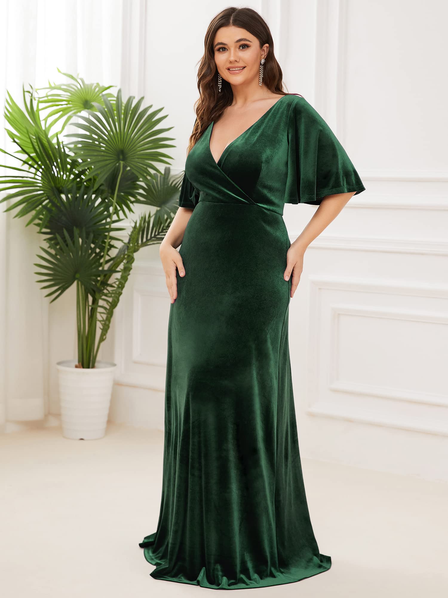 Ever-Pretty Women's Trumpet Short Sleeve Plus Size Velvet Formal Dinne Party Dress Dark Green US18