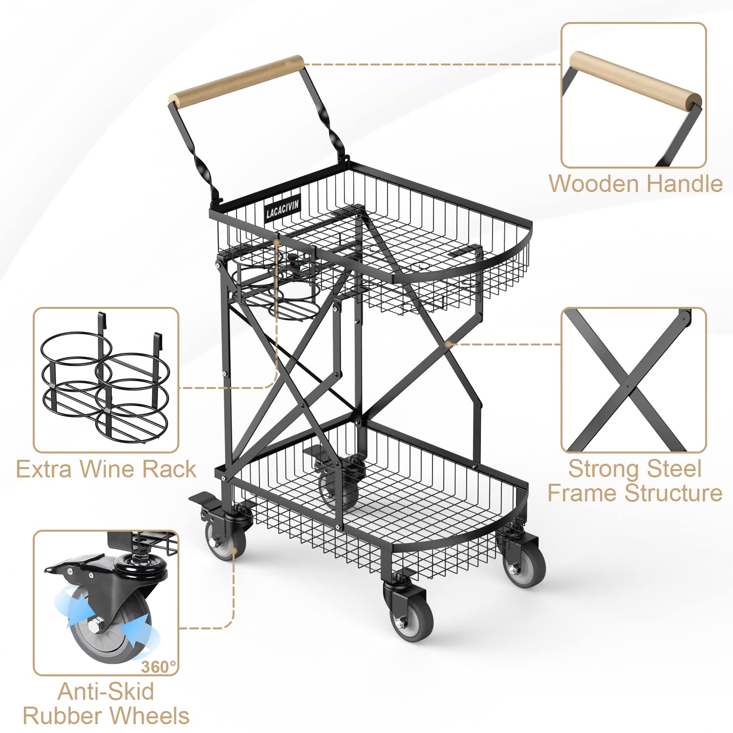 Foldable Shopping Cart for Groceries, Collapsible Carts with 360° Rolling Swivel Wheels, Heavy Duty Multi Function Folding Utility Cart for Camping Gear, Traveling, Laundry, Garden, Pantry, Garage