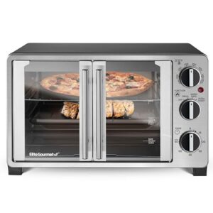 elite gourmet eto2530m double french door countertop toaster oven, bake, broil, toast, keep warm, fits 12" pizza, 25l capacity, stainless steel & black