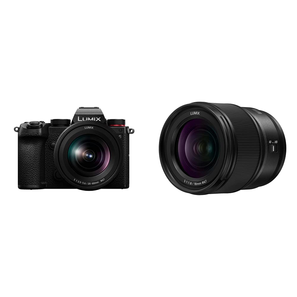 Panasonic LUMIX S5 Full Frame Mirrorless Camera & WiFi, LUMIX S 20-60mm F3.5-5.6 Lens, L-Mount, 5-Axis Dual I.S, DC-S5KK (Black) & Panasonic LUMIX S Series Camera Lens - S-S18