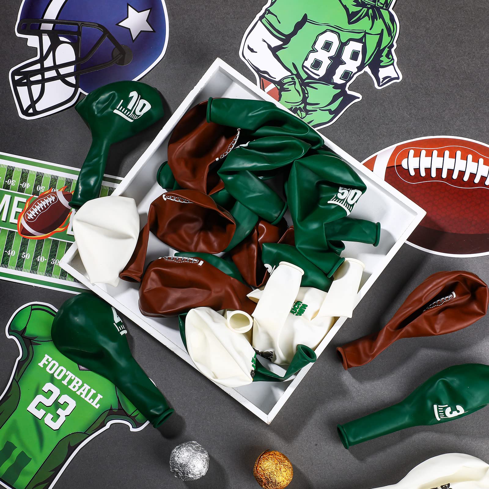 45 Pieces Football Balloons Sport Latex Balloons Football Party Balloons Touch Down White Green Brown Balloons for Game Sports Birthday Party Football Themed Decorations