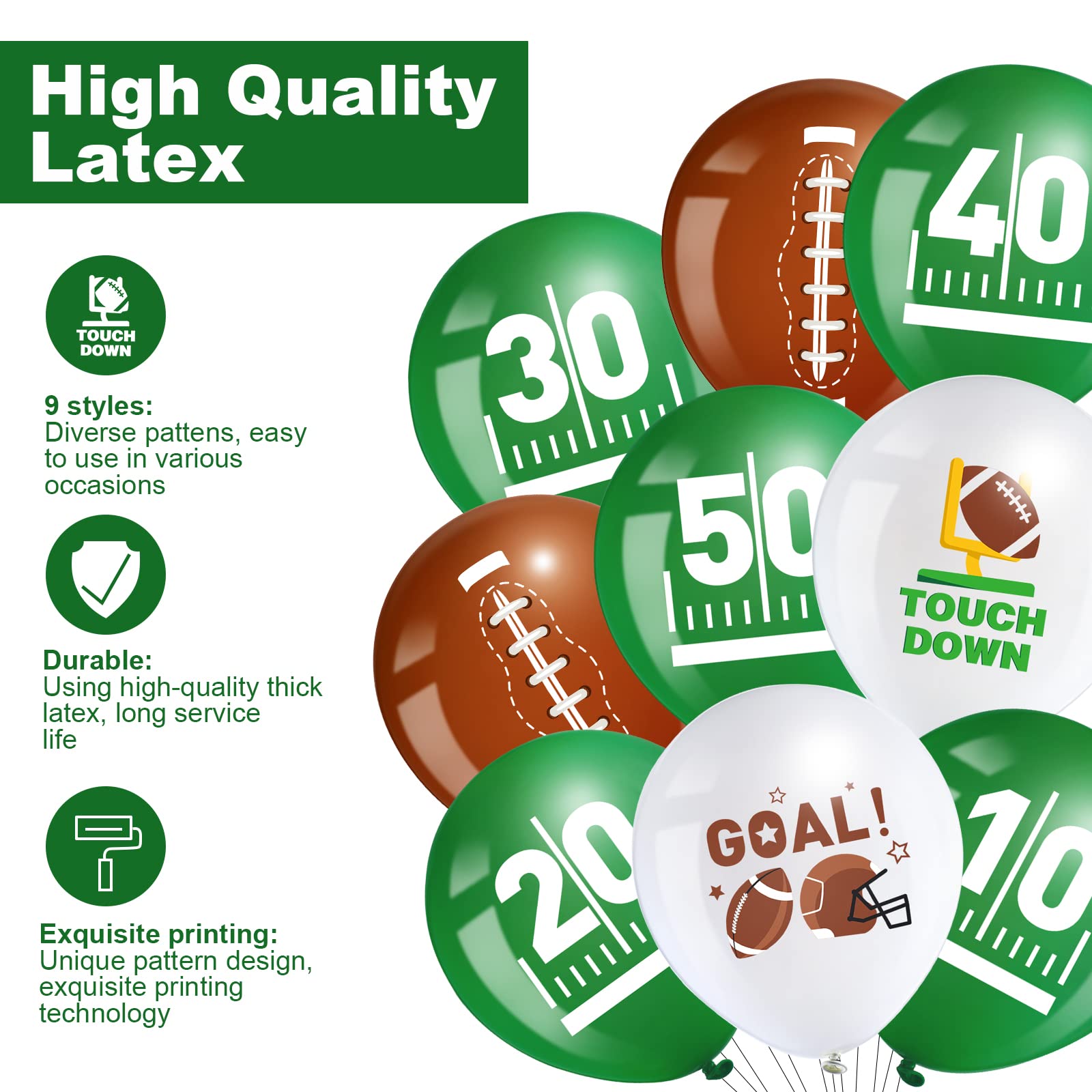 45 Pieces Football Balloons Sport Latex Balloons Football Party Balloons Touch Down White Green Brown Balloons for Game Sports Birthday Party Football Themed Decorations