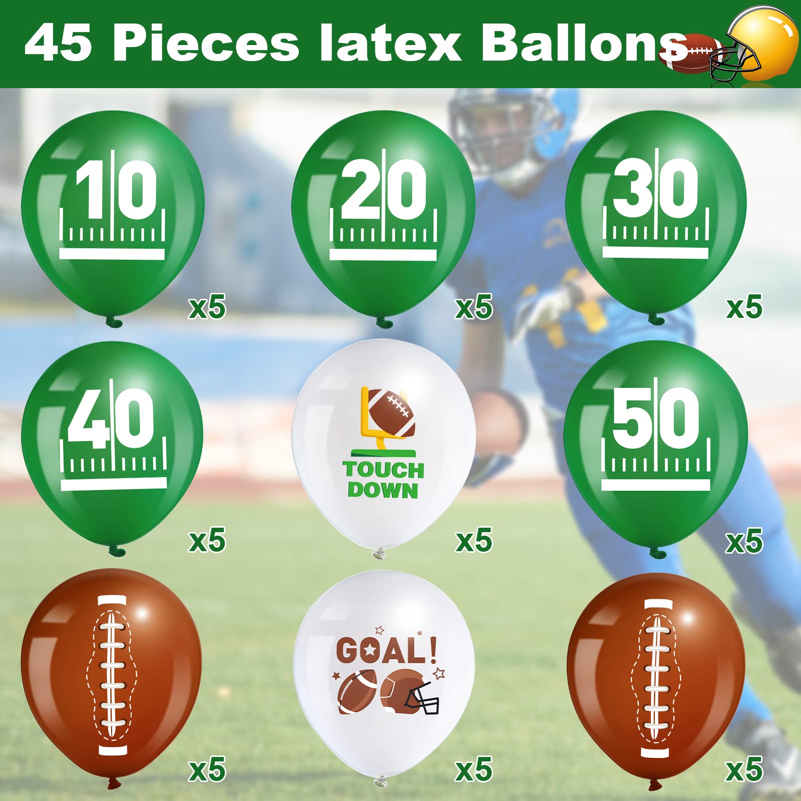 45 Pieces Football Balloons Sport Latex Balloons Football Party Balloons Touch Down White Green Brown Balloons for Game Sports Birthday Party Football Themed Decorations