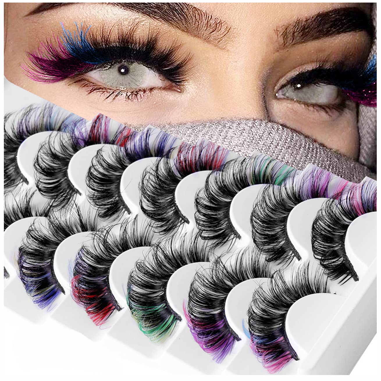 Colored Eyelashes Mink Lashes With Color on End, Fluffy Colorful Lash Clusters, Dramatic Long Thick Cat Fox Eye Lashes Full Curly False Eyelash, 3d D Curl Salon Extensions Strip Pack 7 Pairs