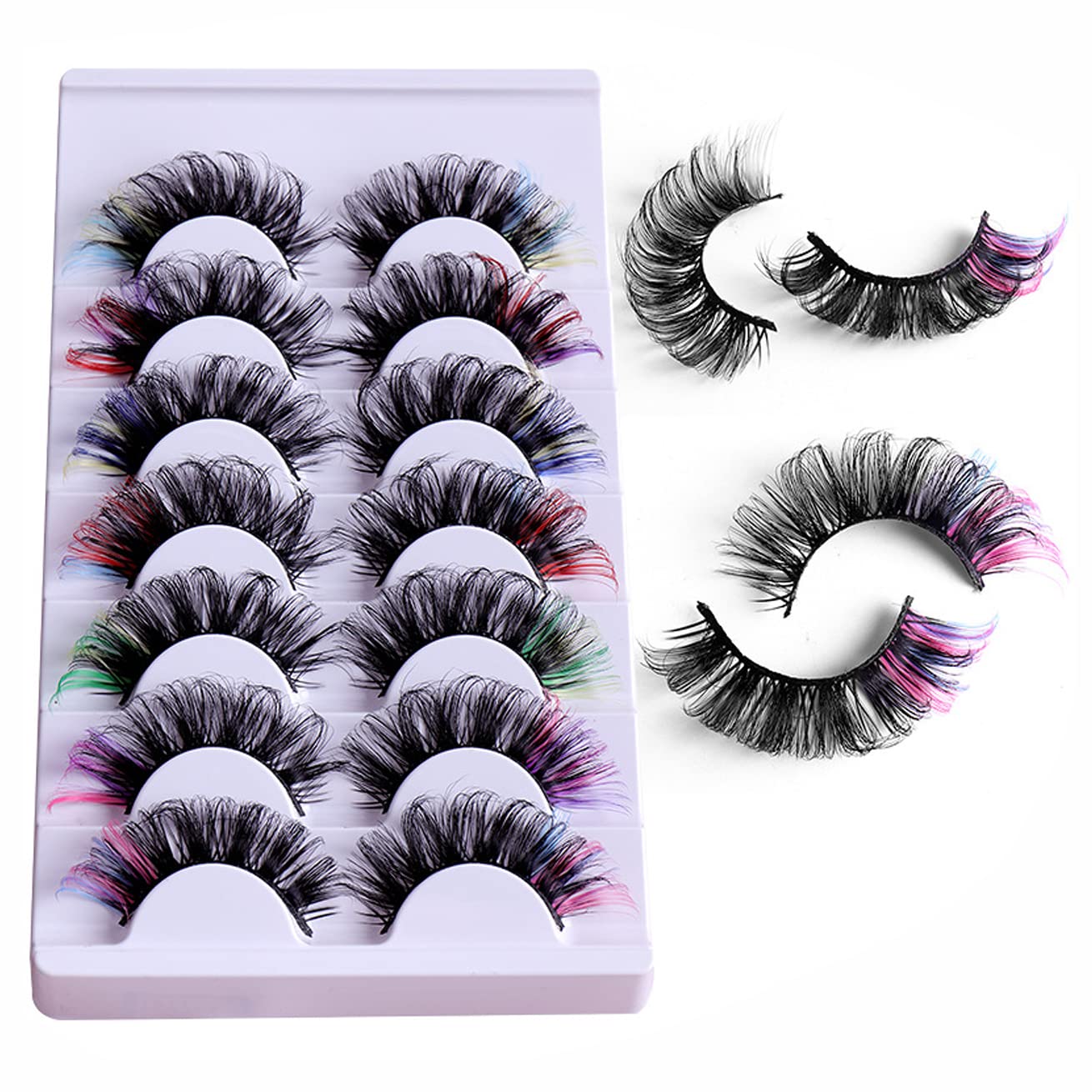 Colored Eyelashes Mink Lashes With Color on End, Fluffy Colorful Lash Clusters, Dramatic Long Thick Cat Fox Eye Lashes Full Curly False Eyelash, 3d D Curl Salon Extensions Strip Pack 7 Pairs