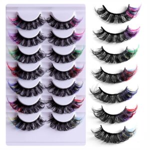 Colored Eyelashes Mink Lashes With Color on End, Fluffy Colorful Lash Clusters, Dramatic Long Thick Cat Fox Eye Lashes Full Curly False Eyelash, 3d D Curl Salon Extensions Strip Pack 7 Pairs