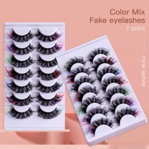 Colored Eyelashes Mink Lashes With Color on End, Fluffy Colorful Lash Clusters, Dramatic Long Thick Cat Fox Eye Lashes Full Curly False Eyelash, 3d D Curl Salon Extensions Strip Pack 7 Pairs