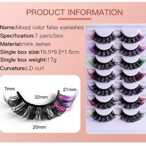 Colored Eyelashes Mink Lashes With Color on End, Fluffy Colorful Lash Clusters, Dramatic Long Thick Cat Fox Eye Lashes Full Curly False Eyelash, 3d D Curl Salon Extensions Strip Pack 7 Pairs