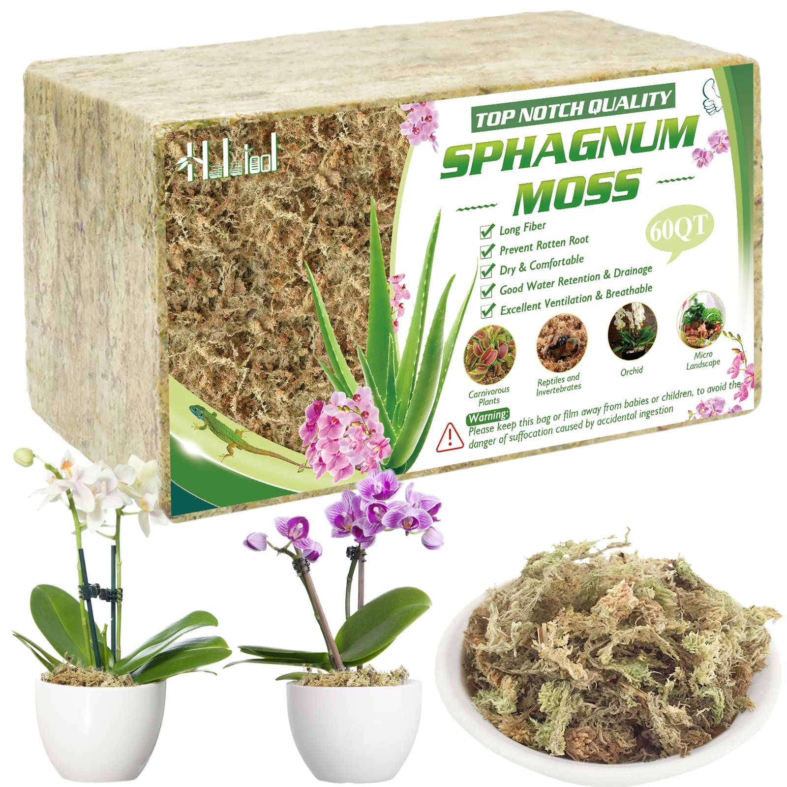 Halatool 3.3LBS Natural Sphagnum Moss for Plants 60 QT Premium Peat Moss Dried Long Fiber Orchid Moss for Orchid Repotting Carnivorous Succulents Garden Flowers Crafts Terrarium and Reptiles