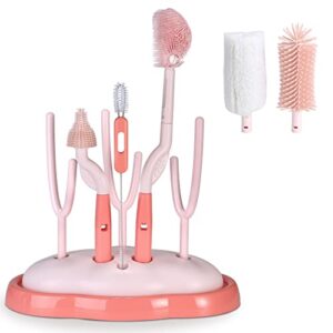 baby bottle brush and drying rack, voowo rotating silicone bottle brush with long handle, bottle drying rack with bottle cleaner brush & nipple & straw cleaner (pink rotating brush & drying rack)