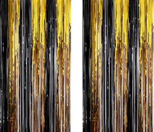 ailexibg 3.2 ft x 8.2 ft metallic tinsel foil fringe curtains for party photo backdrop wedding decor (2 pack, black gold)