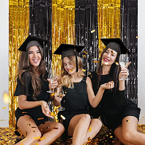 AILEXIBG 3.2 ft x 8.2 ft Metallic Tinsel Foil Fringe Curtains for Party Photo Backdrop Wedding Decor (2 Pack, Black Gold)